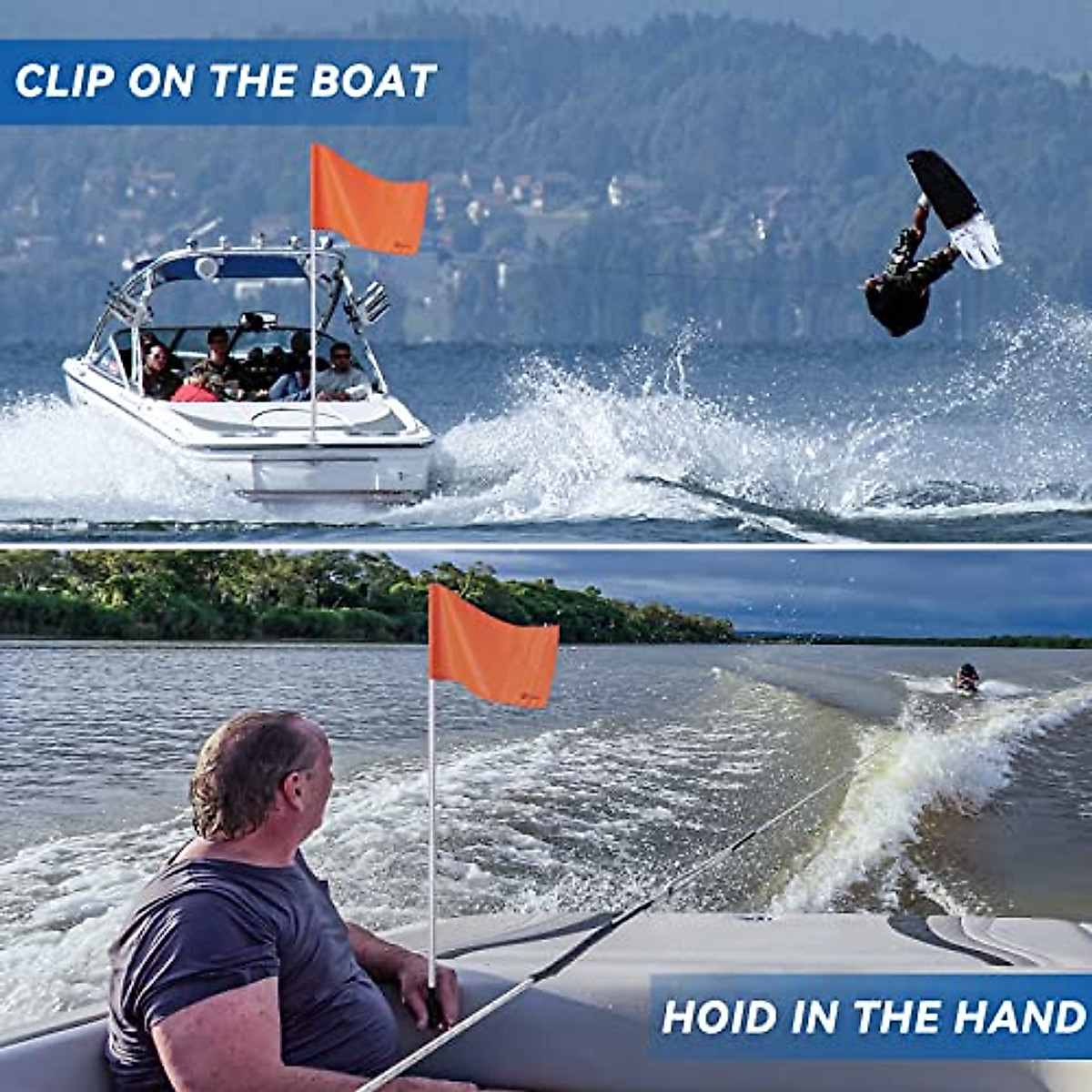 MUMUBOAT Orange Boat Flag Water Ski Flag 48 Inch, 12” x 18” Boat Safety Flag Skier Down Flag, 3 Sections Floating Boat Flags with Pole, Ideal for Tubing, Wakeboarding, Watersports