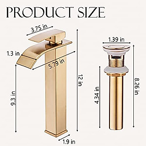 WF WU FANG Gold Bathroom Faucet,Tall Single Handle Bathroom Vanity Sink Faucet with Waterfall Spout and Pop Up Drain,Solid Brass/Brushed Gold