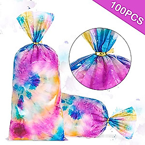 BLEWINDZ 100 Pieces Cellophane Treat Bags,11"X 5"Small Cellophane Bags, Tie-Dye Cello Gift Bags with Ties, Goodie Bags Candy Bags for Party Supplies (Rainbow)