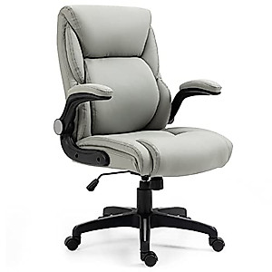 Leather Executive Office Chair- Ergonomic High Back PU Home Computer Desk Chair with Padded Flip-up Arms, Adjustable Height with Thick Seat and Tilt Function for Working Study, Grey