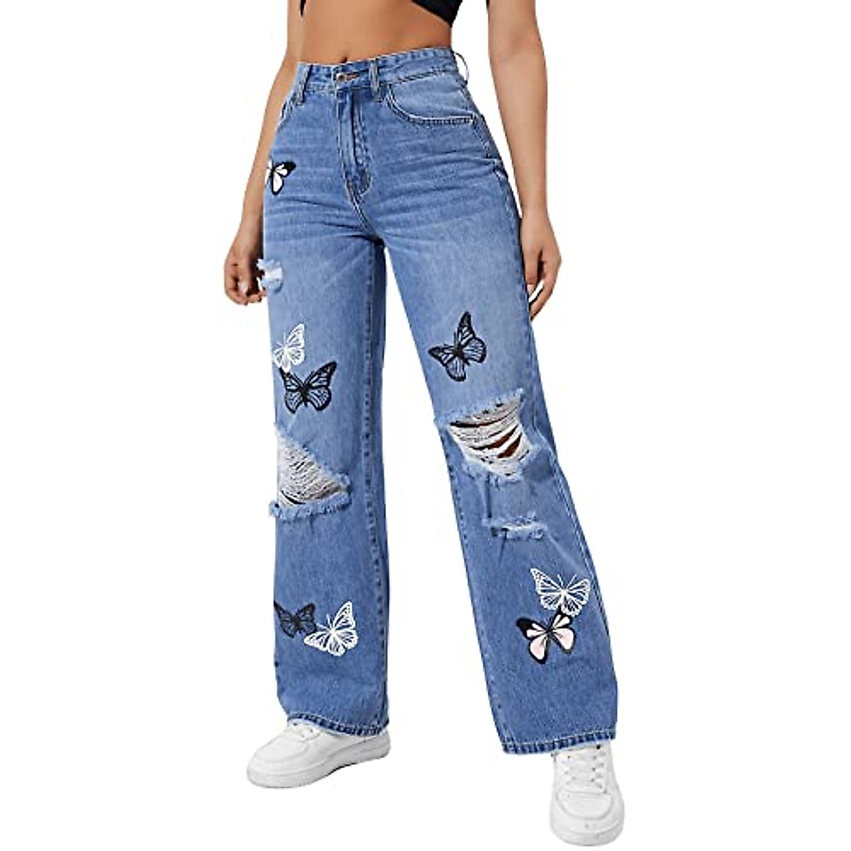 SweatyRocks Women's Ripped Straight Leg Jeans High Waist Distressed Cutout Denim Pants Blue Butterfly S