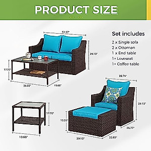 Kiss the Water Outdoor Patio Furniture Sets, 7 Pieces Outdoor Sectional Rattan Sofa Set, Brown PE Wicker Patio Conversation Sets with 10 PCS Lake Blue Washable Cushion and Tempered Glass Table