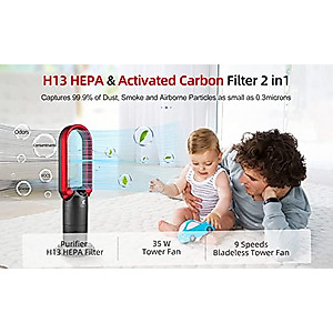 Bladeless Tower Fan & H13 HEPA Air Purifier & 1500W Space Heater 3in1, 120° Swing & 210° Tilt Head Table Fan, 29in. 35W Desk Fan with Remote, 9 Speeds 9H Timer Air Circulator for Home Office-Red