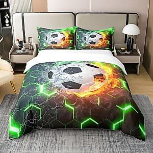 Erosebridal Kids Soccer 100% Cotton Duvet Cover Full Size,Football Bedding Set for Boys Room Decor,Green Gradient Hexagon Comforter Cover Soccer Gifts for Teen Girls,Geometric Honeycomb Bed Set
