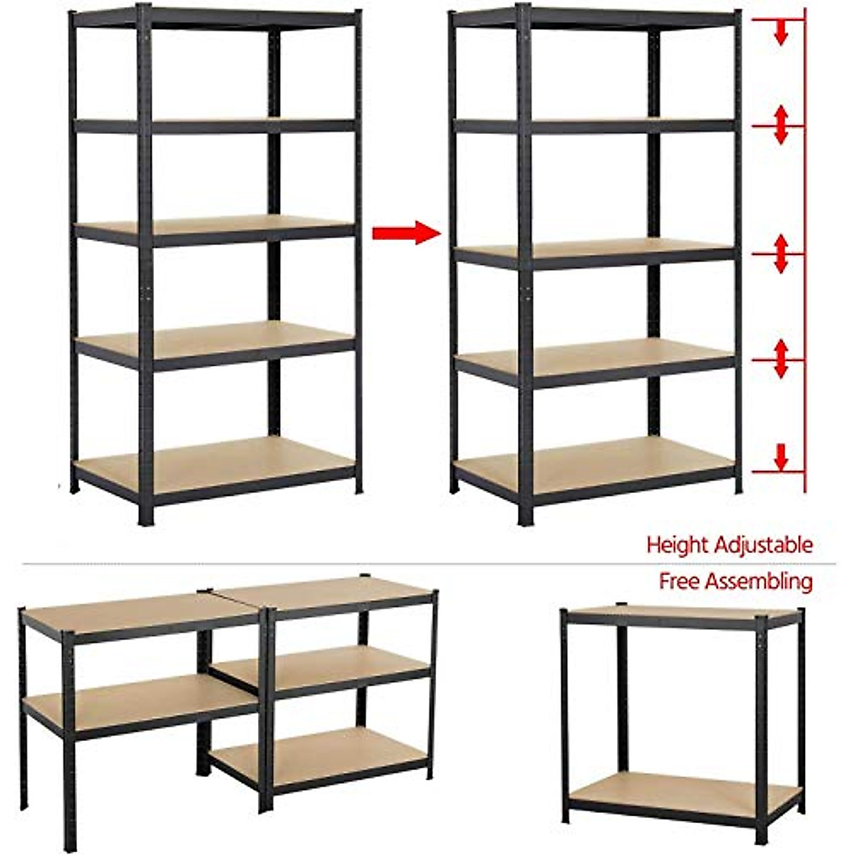 Storage Rack, Bookshelf, Souvenir Collection and Display Rack, 5 Tier Black Shelving Unit MDF Boards Storage Shelve, 175kg/ 386lbs Loading Capacity Per Shelf, 28inch Lx12inch Wx59inch H TGSM150 BL