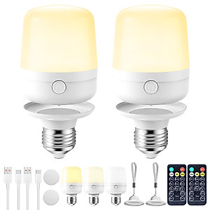 Brightown E26 Rechargeable Light Bulb with Remote Timer and 3 Color Temperatures, Battery Backup Bulb for Sconces and Lamps, E26 Detachable Charging for Non-Hardwired Fixture, Dimmer, 700LM