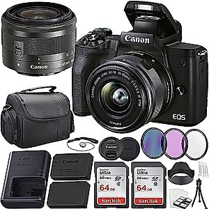 Canon EOS M50 Mark II Mirrorless Camera with EF-M 15-45mm f/3.5-6.3 is STM Lens + 2pc 64GB Memory Cards + Extra Battery + Filters + Cleaning Kit & More