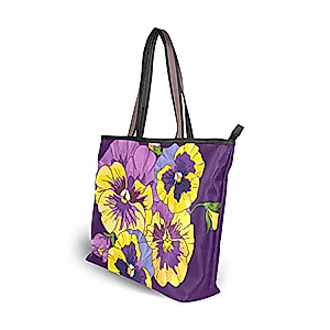 Pansies Florals Tote Bag Aesthetic, Large Capacity Zipper Women Grocery Bags Purse for Daily Life 2 Sizes