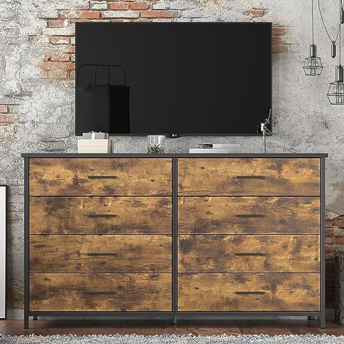 IKENO 8 Drawer Dresser, Industrial Wood Storage Dressers & Chests of Drawers with Sturdy Steel Frame, Storage Dresser for Bedroom Wood (Rustic Brown)