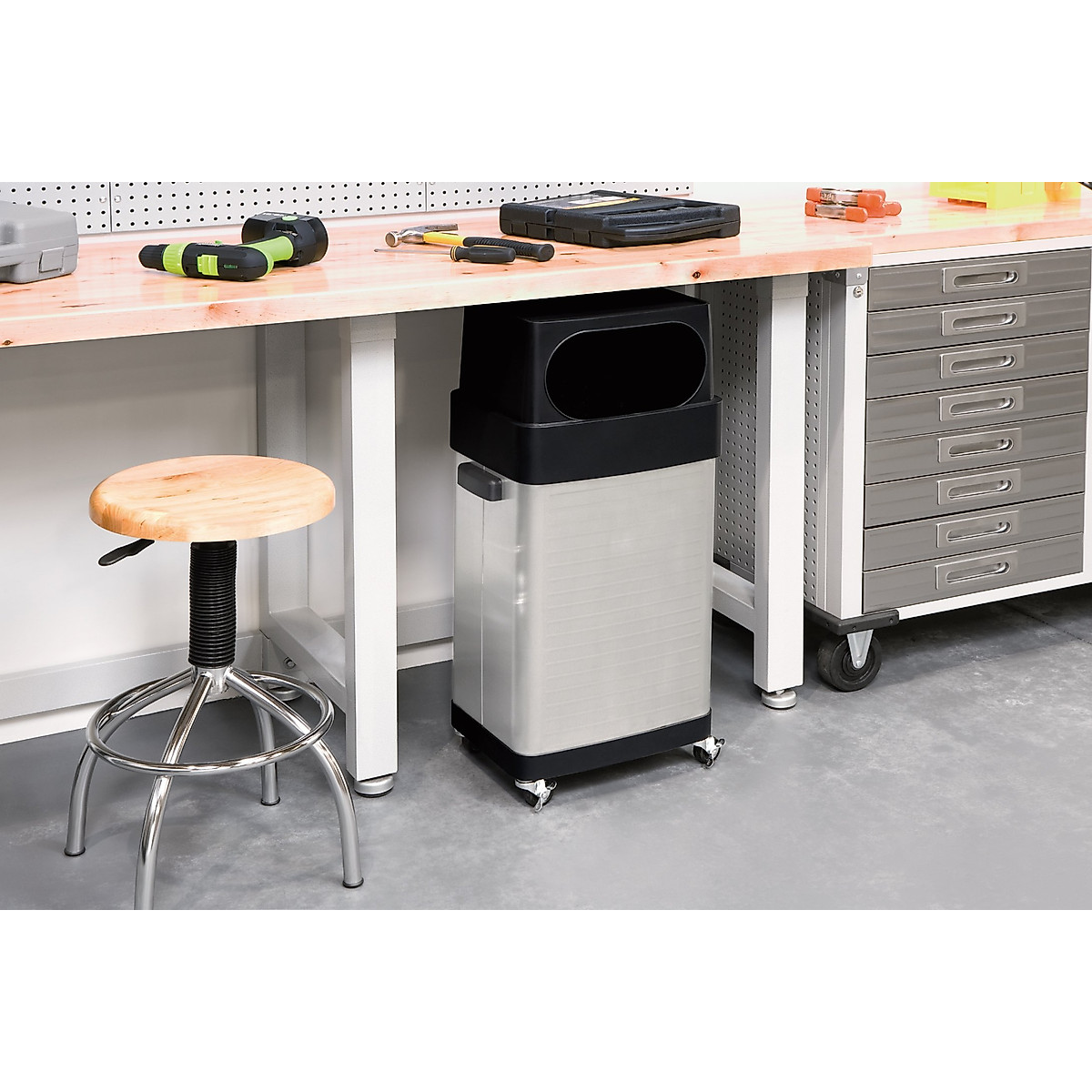 Seville Classics 17 Gallon/65 Liter Rolling Large Lidded Open Front Fingerprint Resistant 17-Gallon UltraHD Commercial Stainless Steel Trash Bin, with Wheels and Feet, Powder Grey