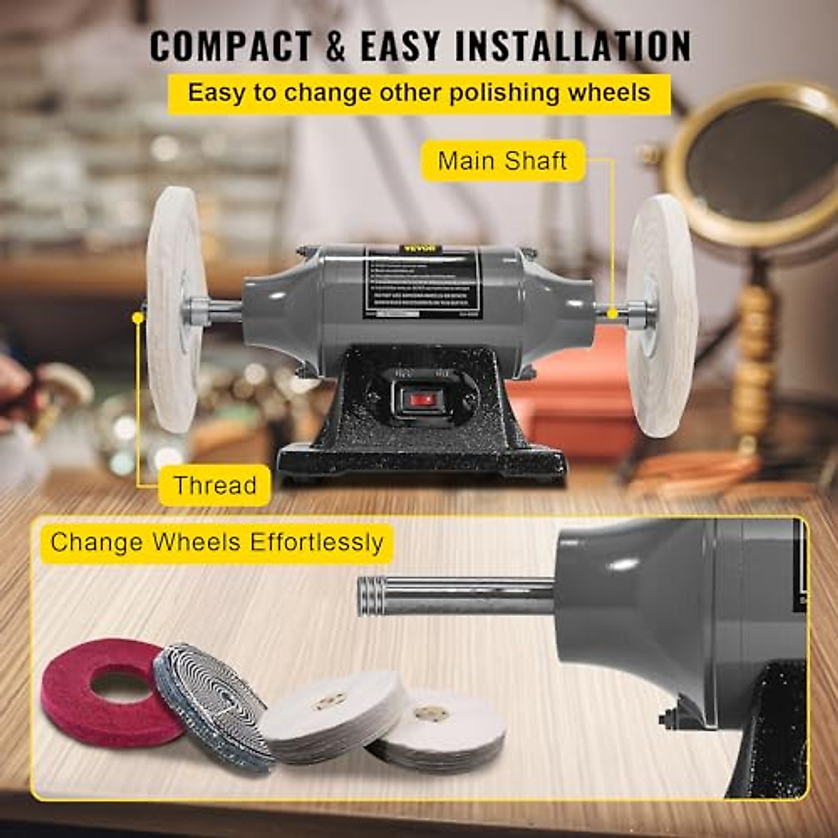 VEVOR Bench Buffer Polisher, 8 inch Buffing Machine 370W Motor with 3600 RPM, Heavy Duty Benchtop Lathe Polishing Machine for Jewelry, Wood, Silver, Amber, Metal, Jade