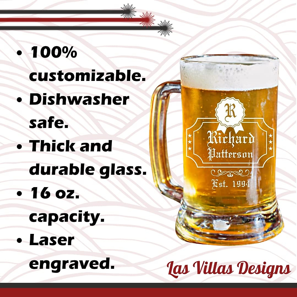 Personalized 16.oz Beer Mug | Badge Design | Clear Glass | Custom Made | Perfect for wedding gifts, anniversaries, birthday gifts, home warming gifts or graduation