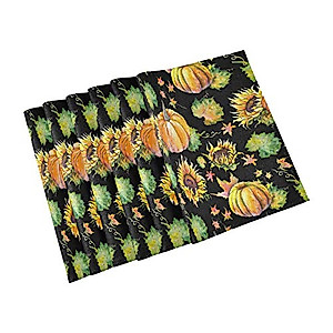 Autumnof Pumpkins Sunflowers Leaves Branches Placemats Set of 6, Double Sides Printing Place mats for Kitchen Dining Table Non-Slip Decorative Table Mat Washable