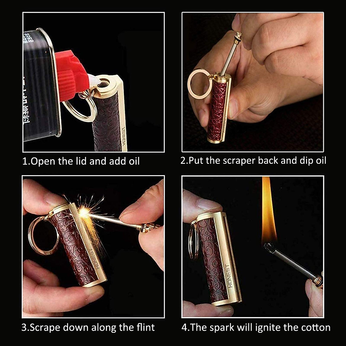 4 PCS Dragon’s Breath Immortal Lighter, Metal Keychain Flint Matchstick Kerosene Refillable Lighter, Waterproof Keychain Lighter for Emergency Survival Mountaineering Camping Hiking