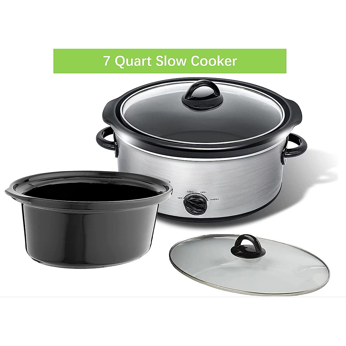 7 Quarts Oval Slow Cooker, 3 Heating Setting, Dishwasher-safe Stoneware Pot and Glass Lid, Sleek Stainless Steel Design