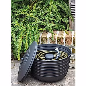 Gardener's Supply Company Garden Hose Pot with Lid | Matte Black Low Carbon Steel Watering Hose Storage with Hose Access Port | for Outdoor Garden, Backyard, & Patio | Holds 100ft Hose
