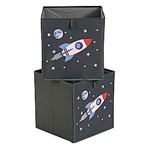 Amazon Basics Kids Collapsible Fabric Storage Cube Organizer Bins - Pack of 6, Space Rockets, 10.5x10.5x11"