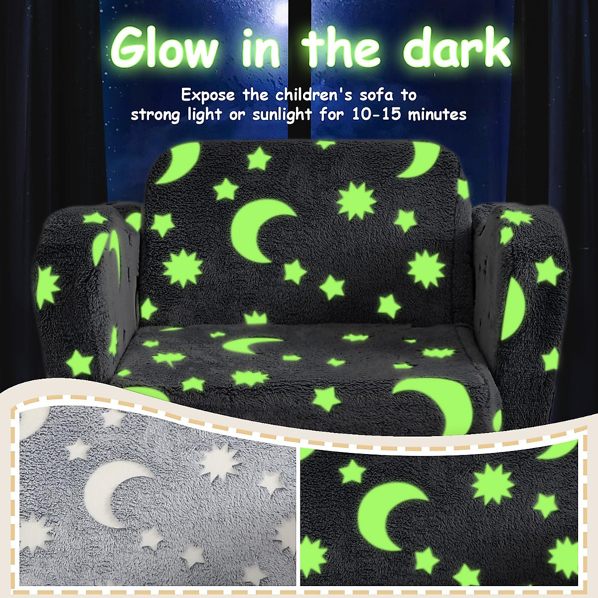 Snowmini Kids &Toddler Couch,Kids Sofa Couch Fold Out,Toddler Chair for Kid 2 in 1,Convertible Sofa to Lounger for Playroom,Baby Couch with Glowing at Night,Grey