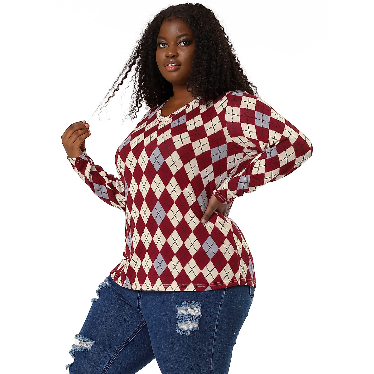 Agnes Orinda Plus Size Knit Tops for Women Argyle Plaid V Neck Long Sleeve Pullover Homecoming T Shirt 4X Red