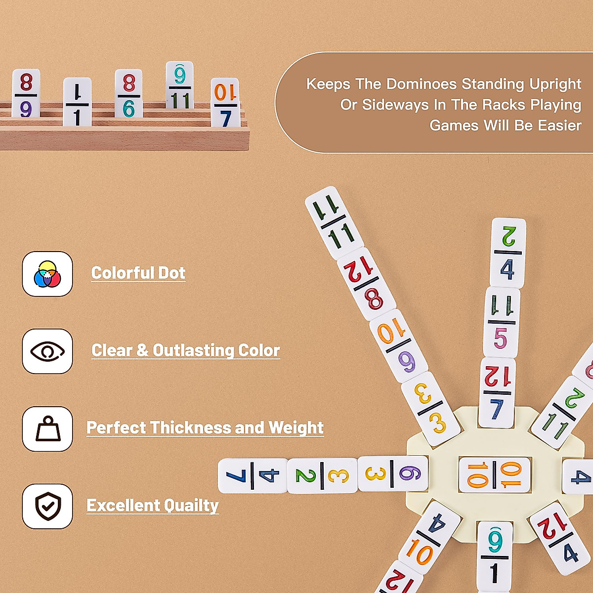 PUREPLAY Mexican Train Dominoes Set with Numbers - Double 12 Colored Number Dominoes - Includes 91 Tiles with 9 Trains, 4 Wooden Trays and Storage Bag for 2-8 Players Ages 8+