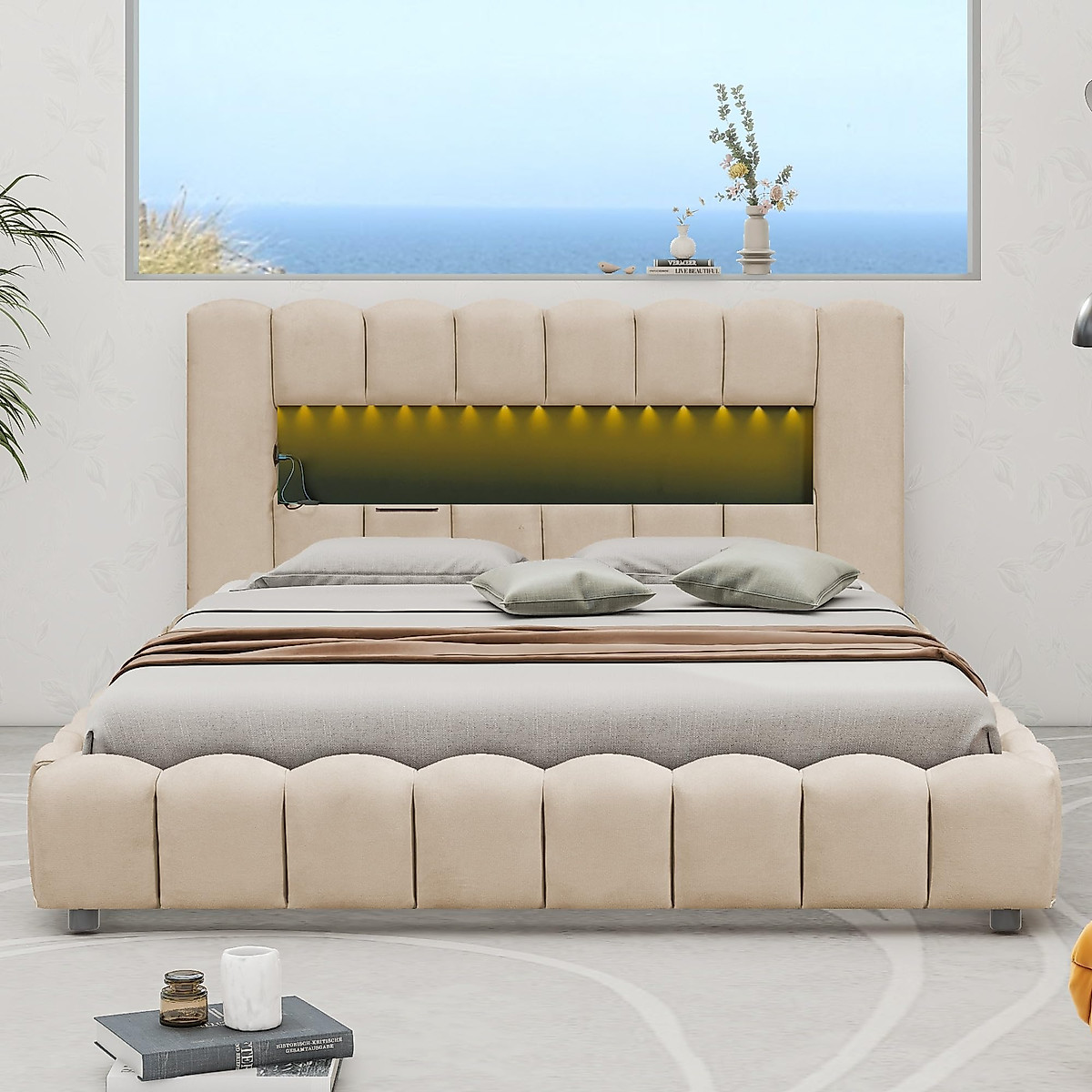 FEELHOME Queen Size Lift Up Storage Bed/Button Tufted Wingback Headboard/Hydraulic Storage/Upholstered Platform Bed Frame/No Box Spring Needed/Wood Slats Support/Light，Beige