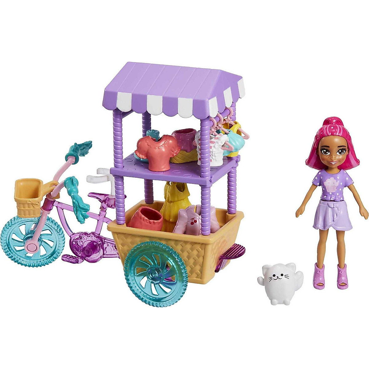 Polly Pocket Playset with 3-inch Doll, 25+ Food and Clothing Accessories, Treats & Trends Bicycle Cart Fashion Pack