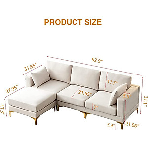 kevinplus 93'' Sectional Sofa Couch for Living Room with Convertible Chaise Ottoman, Modern 3-Seat L-Shape Sofa Couch with Golden Metal Legs for Bedroom Home Office Apartment Small Space, Beige