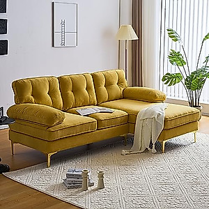 FULife Modern Convertible L-Shaped Corner Sofa for Living Room,Upholstered Accent Modular Sectionals Sofá Couch Bed for Home Office, Yellow Velvet w/Chaise Lounge 83" w