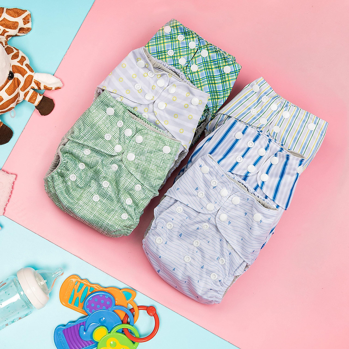 Simple Being Reusable Cloth Diapers, Double Gusset, One Size Adjustable, Washable Soft Absorbent, Waterproof Cover, Eco-Friendly Unisex Baby Girl Boy, six 4-Layers Microfiber Inserts (Boy Stripe)