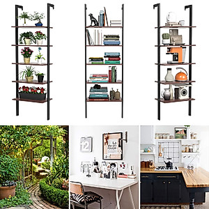 Tangkula Industrial Ladder Shelf Against The Wall, 5-Tier Ladder Bookshelf w/Metal Frame, 72 Inches Open Bookcase Plant Flower Stand Display Storage Rack for Home Office