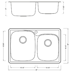 CozyBlock 33 x 22 x 9 Inch 60/40 Offset Top-mount/Drop-in Stainless Steel Double Bowl Kitchen Sink with Strainer and Protective Bottom Grid - 18 Gauge Stainless Steel-3 Faucet Hole