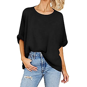 Langwyqu Womens' Short Sleeve Oversized Summer Crew Neck Loose Casual Tee T-Shirt Black