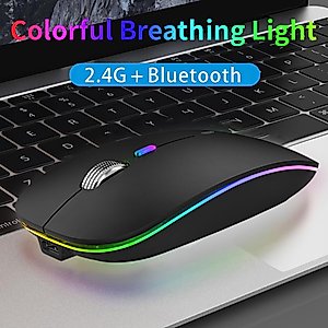 TENMOS Wireless Bluetooth Mouse, LED Slim Dual Mode (Bluetooth 5.1 + USB) 2.4GHz Rechargeable Silent Bluetooth Wireless Mouse with Type C Adapter for Laptop/Macbook/iPad OS 13 and above (Matte Black)