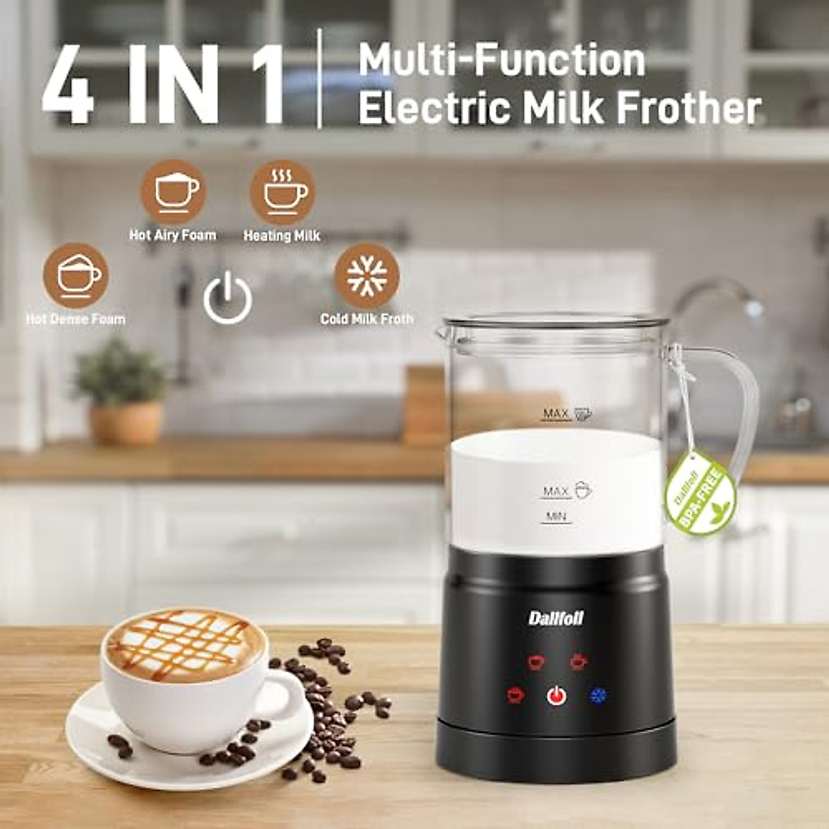 Dallfoll Milk Frother, 4-in-1 Milk Frother and Steamer Electric, Visualized Glass Design, 13.5oz/400ml Hot and Cold Milk Foam Maker for Coffee, Latte, Cappuccino Silent Operation, Automatic off