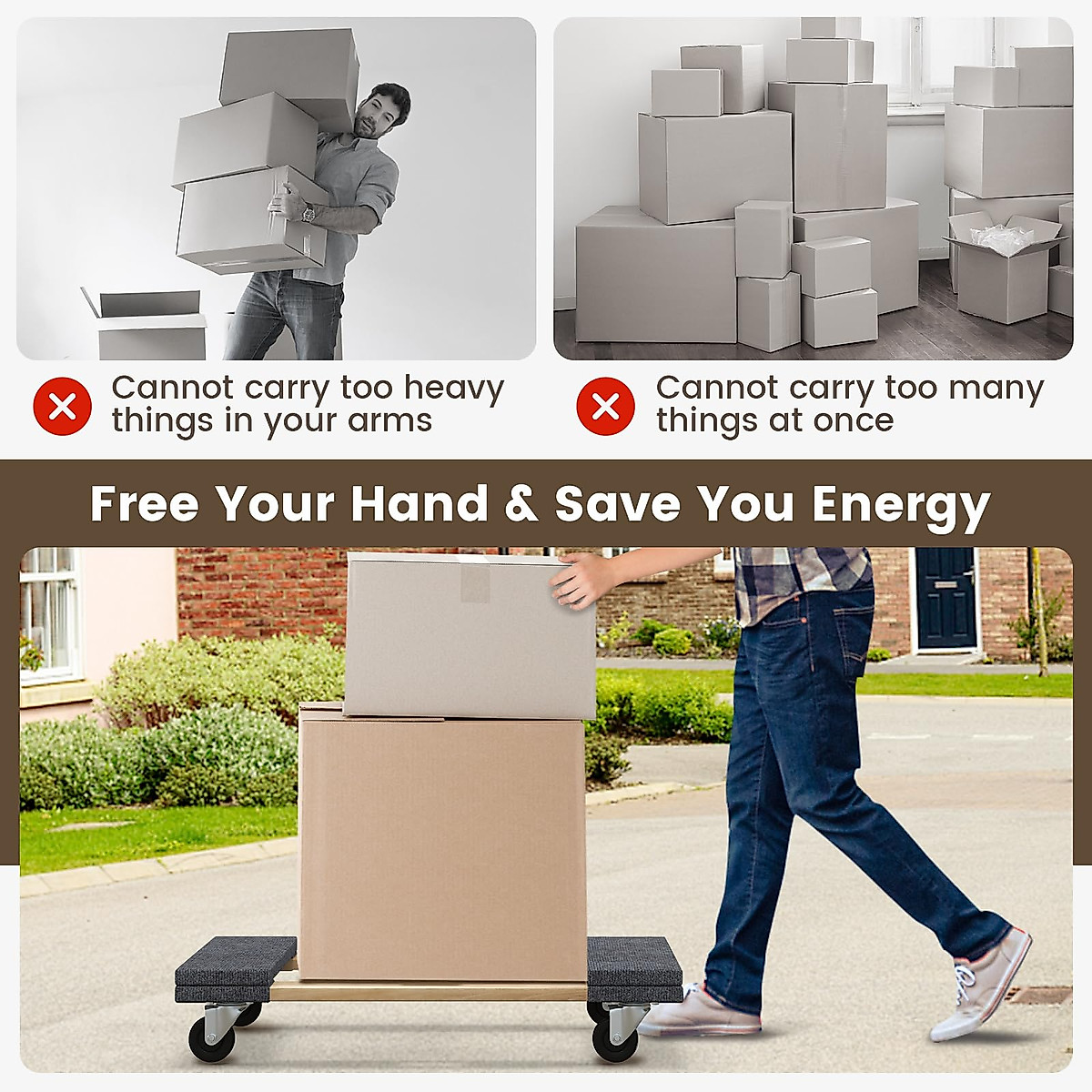 Goplus Furniture Moving Dolly, Heavy Duty Wood Rolling Mover with Wheels for Piano Couch Fridge Heavy Items, Securely Holds 1000 LBS (2 Packs with Handle)