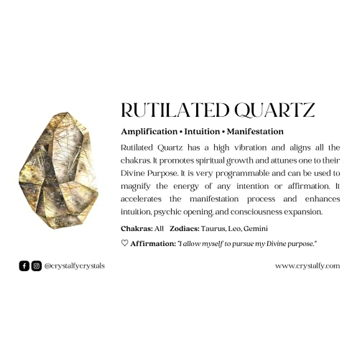 CRYSTALFY Rutilated Clear Quartz Crystal Phone Grip & Phone Stand: Authentic Natural Gemstone Swappable Top, Expandable Collapsible Holder for Smartphones and Tablets