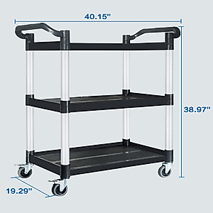 Abacad Plastic Commercial Cart Large Size, Restaurant Cart with Wheels Lockable, Heavy Duty Utility Service Cart for Foodservice, Commercial,Office, Warehouse, Black, 40.15X 19.29x 38.97 inches.