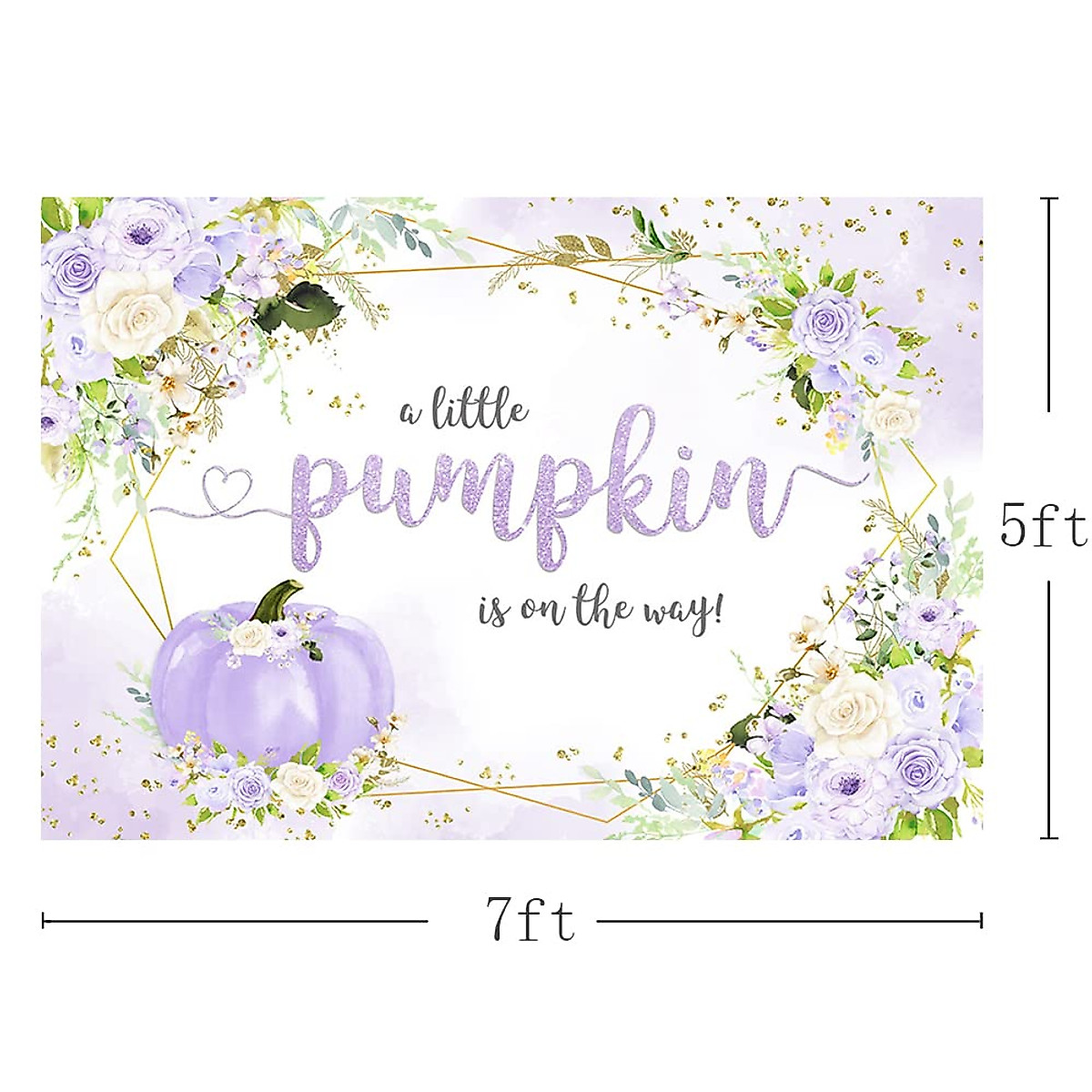 MEHOFOND 7x5ft Autumn Pumpkin Backdrop for Girl Baby Shower Purple Floral Baby Girl Party Decor A Little Pumpkin is On The Way Photography Background Gold Glitter Banner Photoshoot Props
