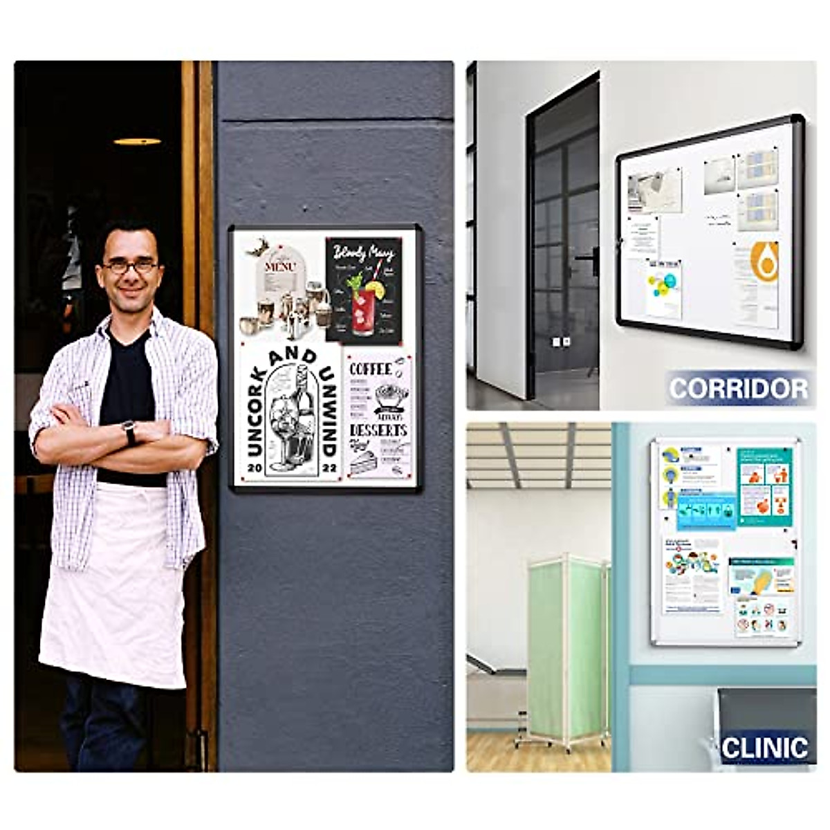 Swansea Enclosed Notice Board Magnetic Bulletin Boards for Office,Black Frame,with Locking Door 26x20inch(4XA4）