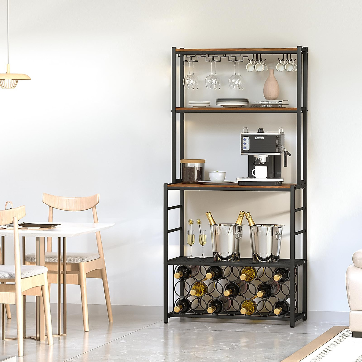 FIDVEKL Wine Rack Freestanding Floor, 5-Tier Industrial Wine Rack Freestanding Floor with Glass Holder and Wine Storage for Home Kitchen Dining Room, Rustic Brown