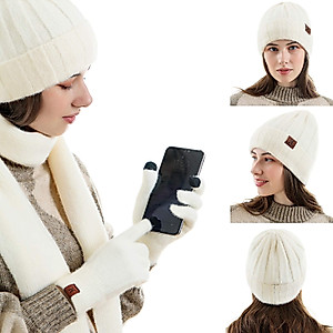 Womens Winter Warm Knit Beanie Hat Touchscreen Gloves Long Neck Scarf Set with Fleece Lined Skull Caps Gifts for Women Men White