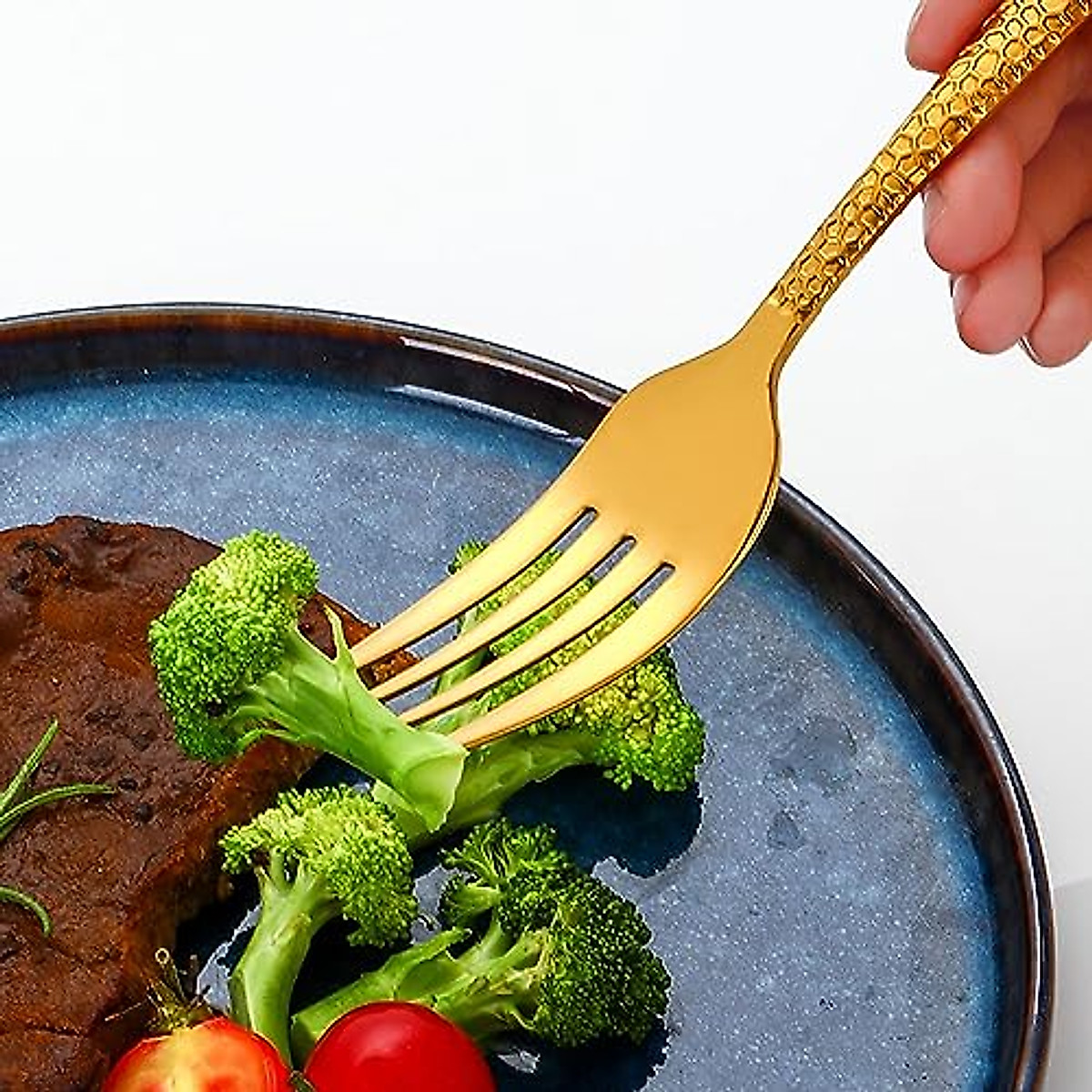 Gold Hammered Silverware Set With Steak Knife Cutlery Utensil,Food-Grade Stainless Steel Flatware,Durable Home Restaurant Small Business,Mirror Finish Tableware