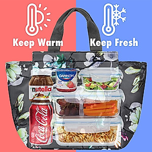 opux Lunch Bag for Women, Insulated Lunch Box Tote for Girls Work School Kids Office, Thermal Soft Small Lunch Cooler Bag for Picnic Travel with Pocket, Fits 12 Cans - Floral Gray