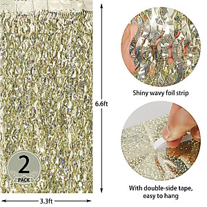 Shiny Champagne Gold Wave Tinsel Foil Fringe Curtains 3.3x6.6ft Metallic Streamer Backdrop Wall Curtains for Party Decorations Birthday Wedding Graduation 2 Packs