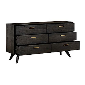 Loft 6-Drawer Acacia Mid-Century Modern Bedroom Dresser, 63" Wide, Brushed Brown-Grey