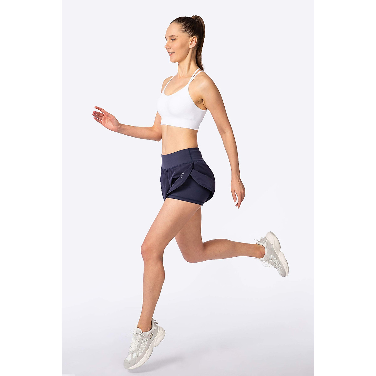 Women's 2 in 1 Running Shorts High Waisted Spandex Shorts Gym Yoga Workout Athletic Shorts for Women with Zipper Pockets Navy Blue M