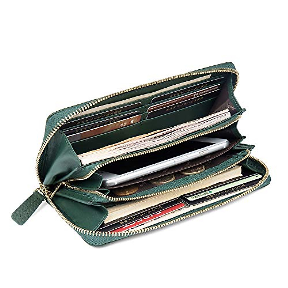 Mandiva Women's Leather Wallet RFID Blocking Zip Closure Travel Purse (Green)