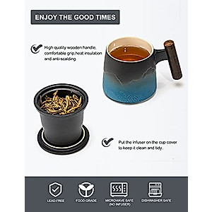 suyika Ceramic Tea Cup with Infuser and Lid Tea Mugs Wooden Handle for Steeping Loose Leaf Tea 400ml, 13.5 oz, Gradient Navy Blue & Black