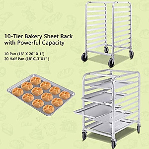 ReunionG 10 Tier Bun Pan Rack, Bakery Rack with 2 Lockable Wheels, 10 Sheet Aluminum Storage Cooling Trolley with Open Shelf, Dough Pizza Baking Mobile Rack for Home Commercial