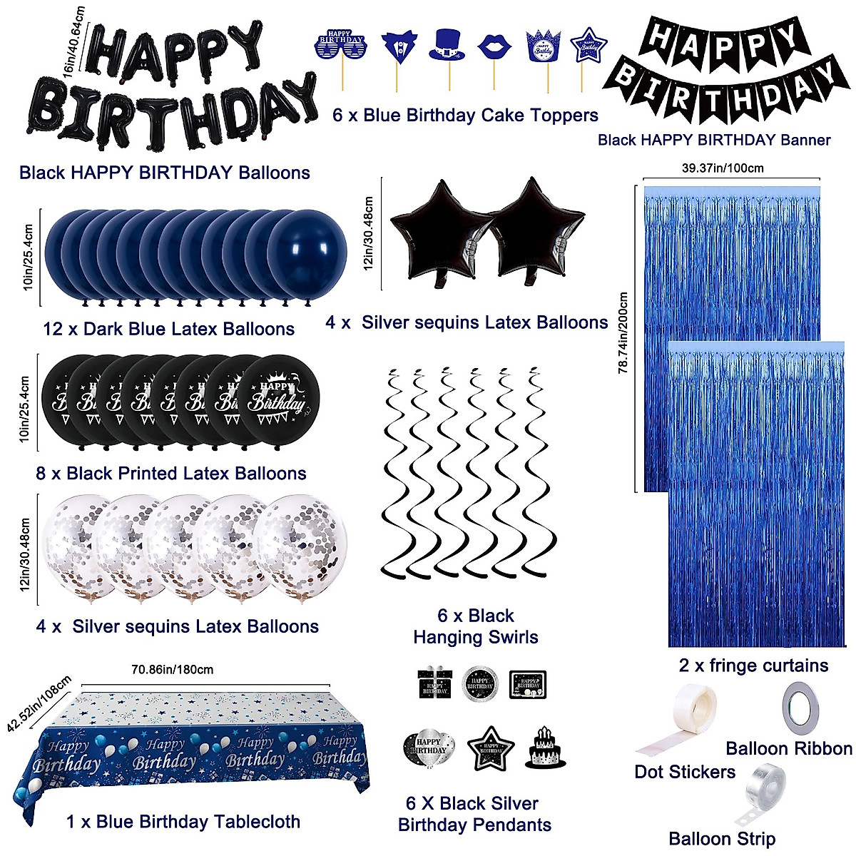 Blue Black Happy Birthday Decorations for Men Women Boys, Happy Birthday Banner, Fringe Curtain, Beer Balloons, Tablecloth, Hanging Swirls for 13th 16th 18th 21st 30th 40th 50th 60th Party Supplies